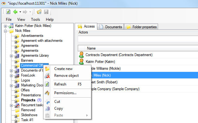 Access to folders and documents in FossLook EDMS platform